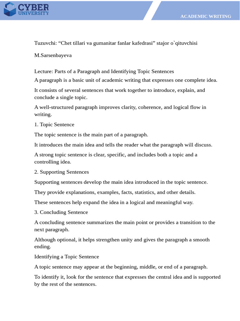 Parts of A Paragraph Identifying Topic Sentence | PDF