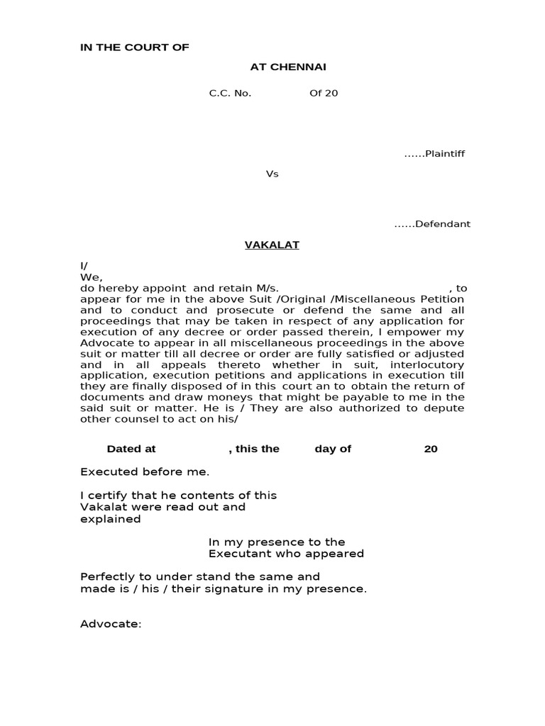 Vakalatnama for Legal Representation | PDF