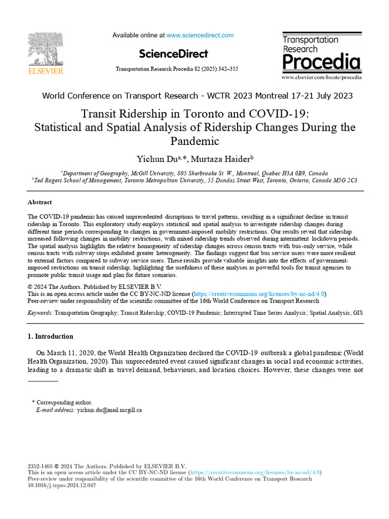 Transit Ridership in Toronto and COVID 19 Statistical 2025 ...