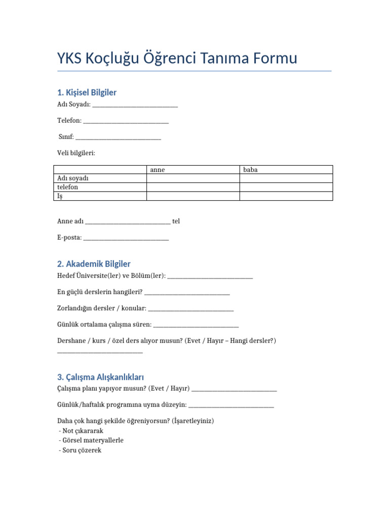 YKS Koclugu Ogrenci Tanima Formu | PDF