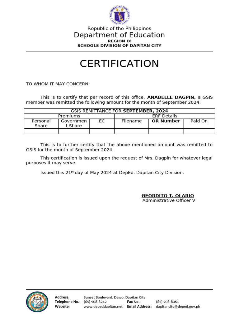 GSIS Remittance Certification for 2024 | PDF