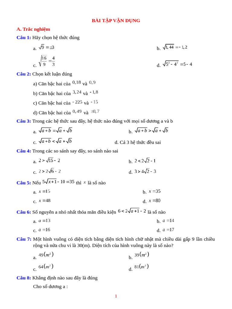 Đs9 c3 b7.2 Can Bac Hai Va Can Thuc Bac Hai (Trac Nghiem) | PDF