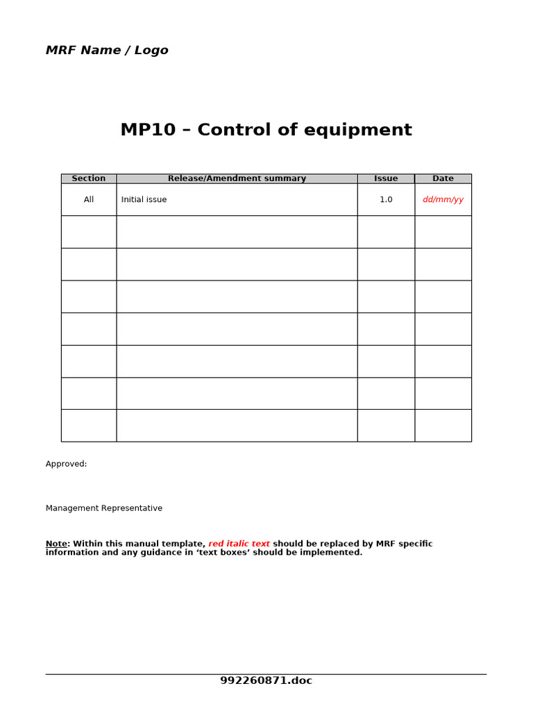 MP10 Control of Equipment | PDF | Calibration