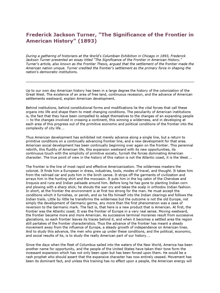 Frederick Jackson Turner - Frontier Thesis | PDF