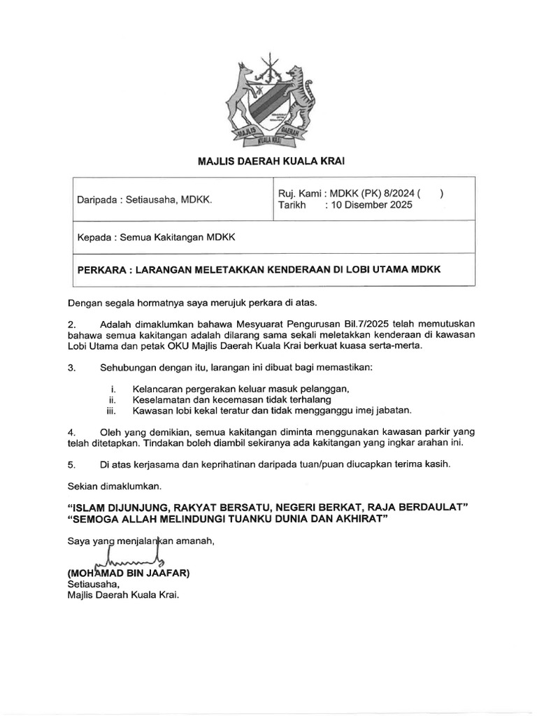 Larangan Meletakkan Kenderaan Di Lobi Utama MDKK | PDF