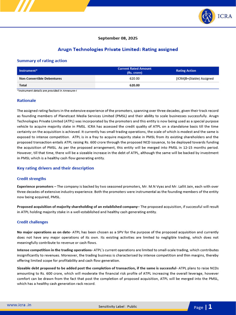 Arugn Technologies NCD Rating B+ Assigned | PDF | Mergers And ...
