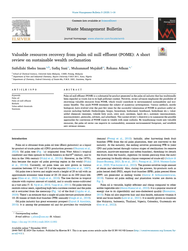 Valuable Resources Recovery From Palm Oil Mill Effluent (POME) A Short ...