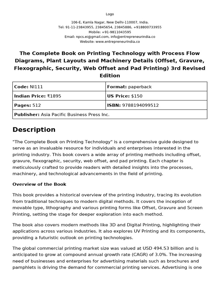 The Complete Book On Printing Technology With Process Flow Diagrams ...