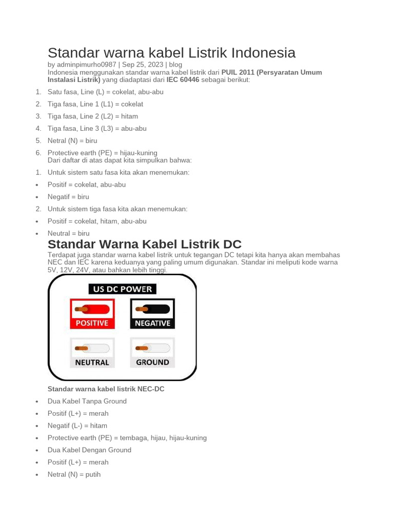 Standar Warna Kabel Listrik Indonesia | PDF