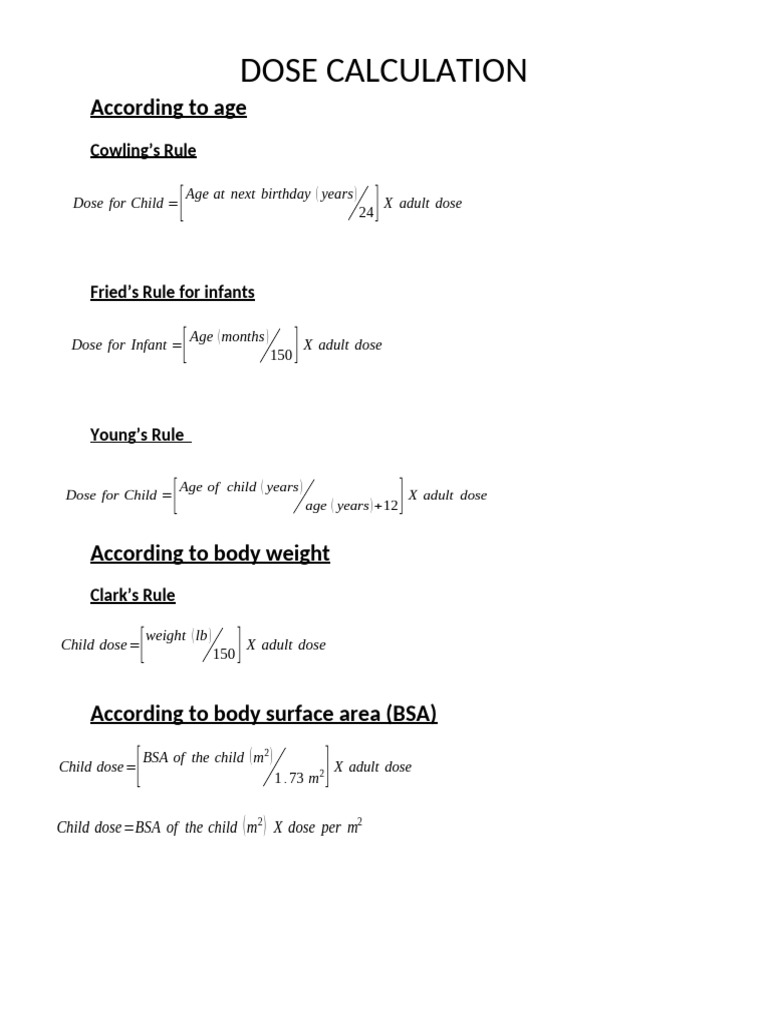 Pediatric Dose Calculation Methods | PDF | Dose (Biochemistry) | Chemistry
