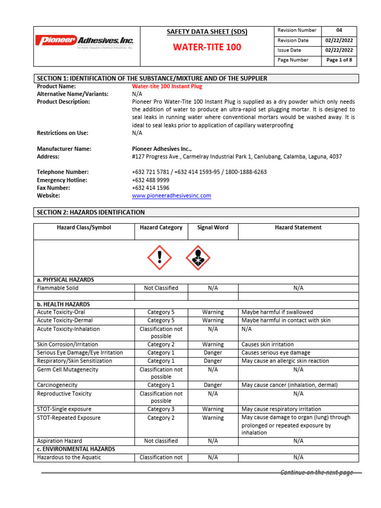 SDS Watertite 100 - Rev04 - 022222 | PDF | Respiratory System | Breathing
