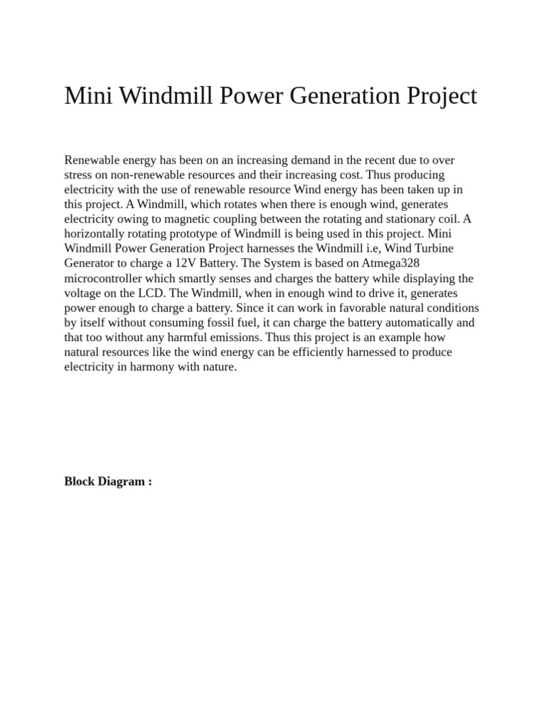 Mini Windmill Power Generation Project: Block Diagram | PDF