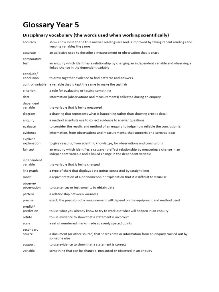 Year 5 Science Vocabulary Glossary | PDF | Inquiry | Accuracy And Precision