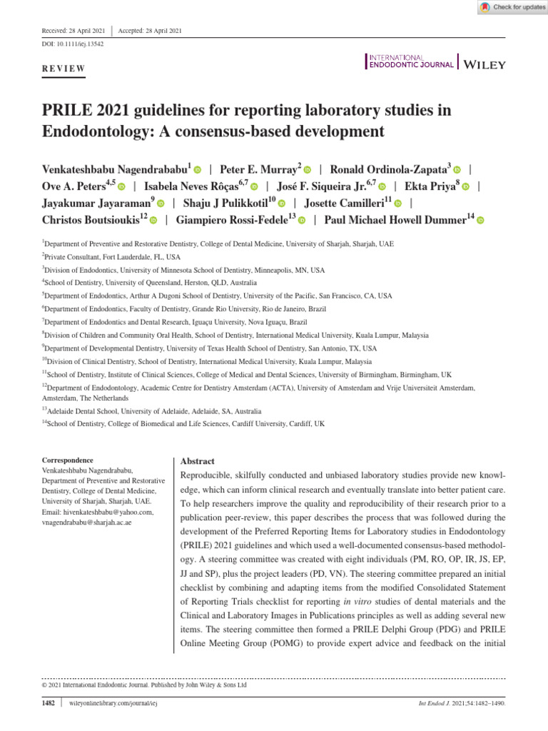 Int Endodontic J - 2021 - Nagendrababu - PRILE 2021 Guidelines For ...