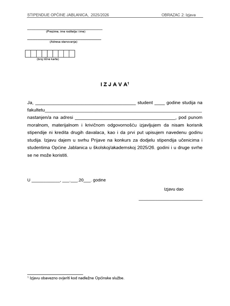 OBRAZAC 2 Izjava | PDF