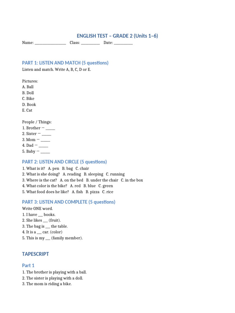 Grade 2 English Listening Test | PDF