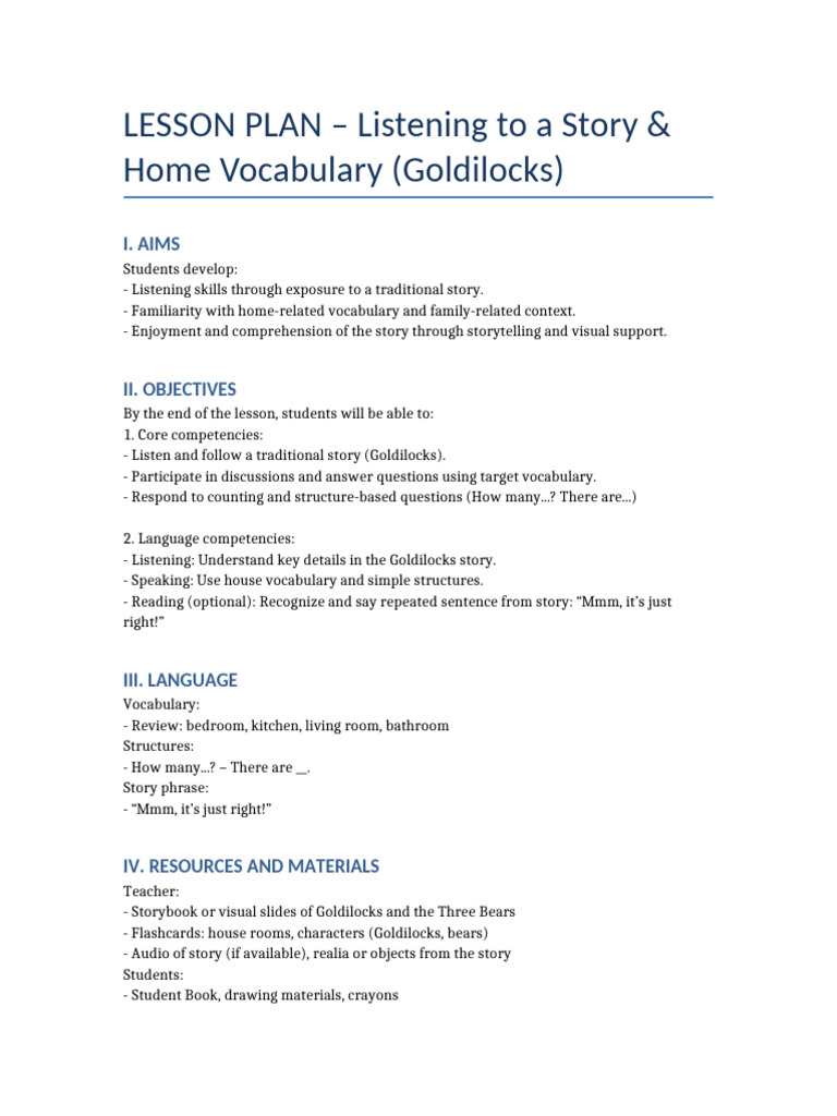 Lesson Plan Goldilocks House Vocab | PDF | Vocabulary | Reading ...