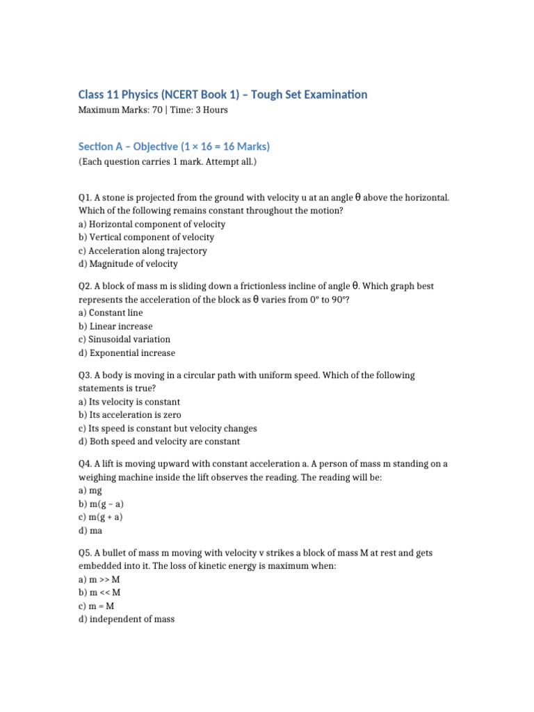 Class11 Physics Tough Set | PDF | Velocity | Acceleration