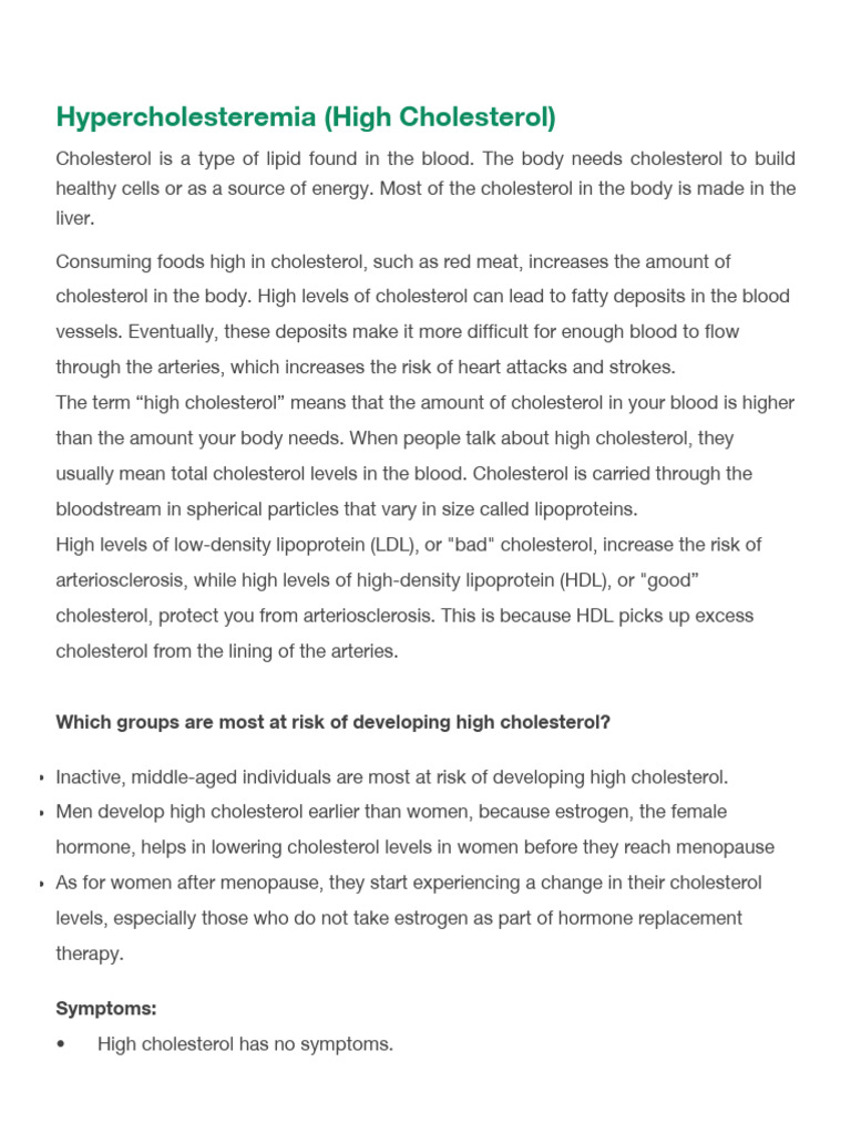 Cardiovascular Diseases - Hypercholesteremia (High Cholesterol) | PDF ...
