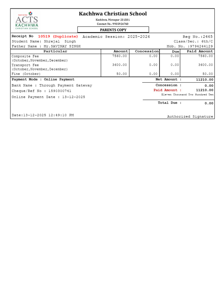Receipt Reprint 2465 Fee Code 10519 2025-2026 | PDF
