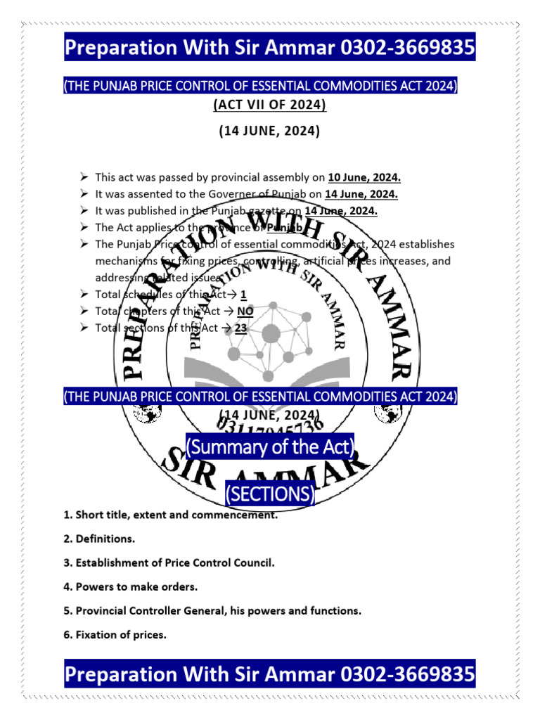 The Punjab Price Control of Essential Commodities Act 2024 | PDF ...