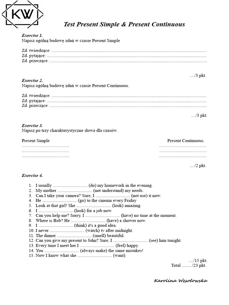 Test Present Simple, Present Continuous | PDF