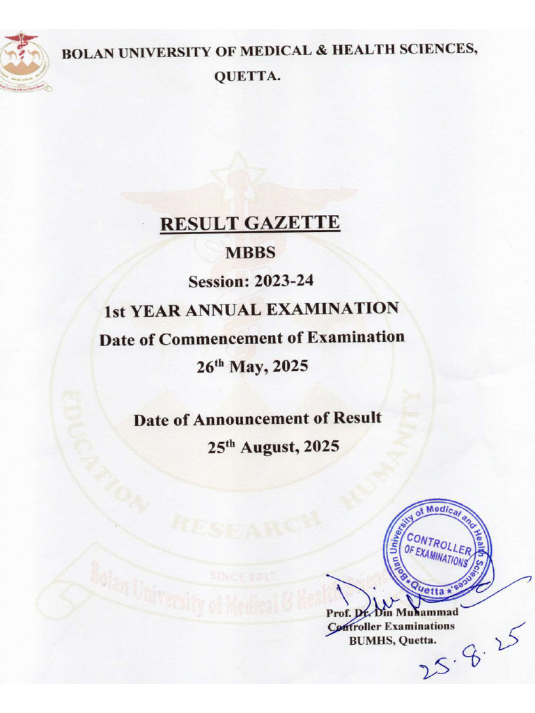 1st Year Annual MBBS Result Session 2023 24 | PDF