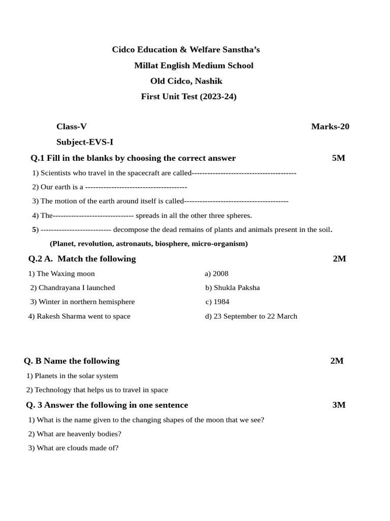 Class V EVS-I Unit Test 2023-24 | PDF