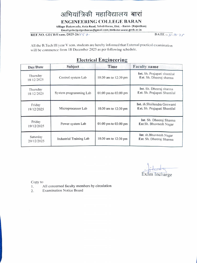 III Year V Sem External Practical Exam From 18 Dec. To 20 Dec. | PDF