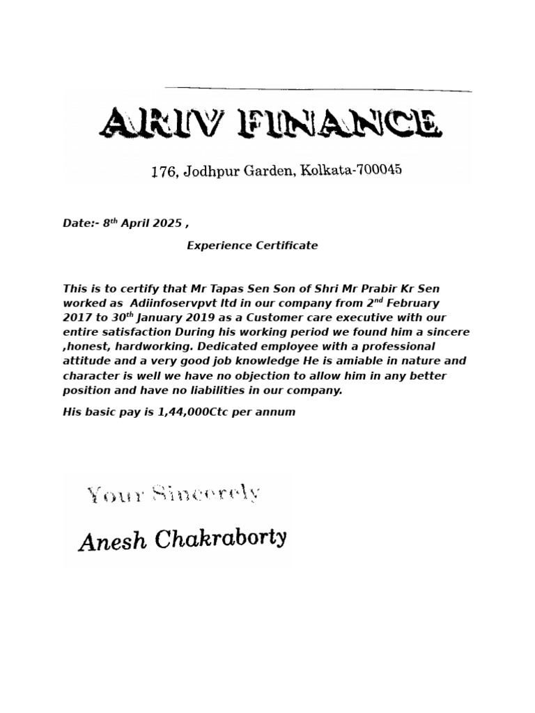 Ariv Experience Certificate 2 | PDF