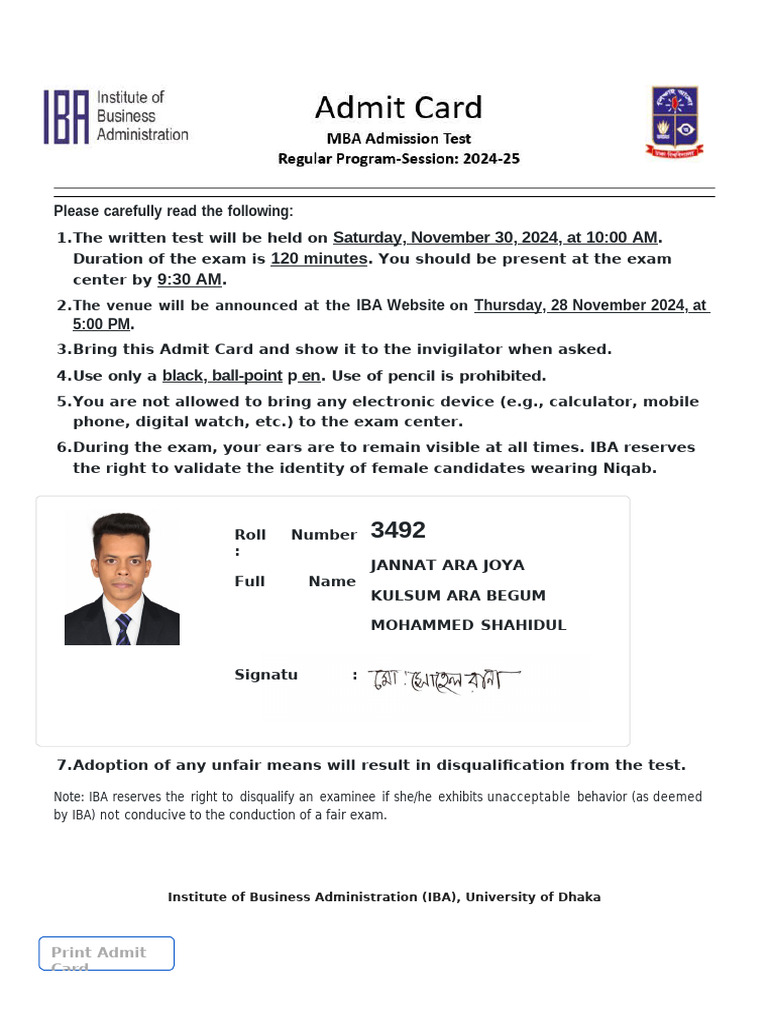 Iba Mba Admit Card | PDF