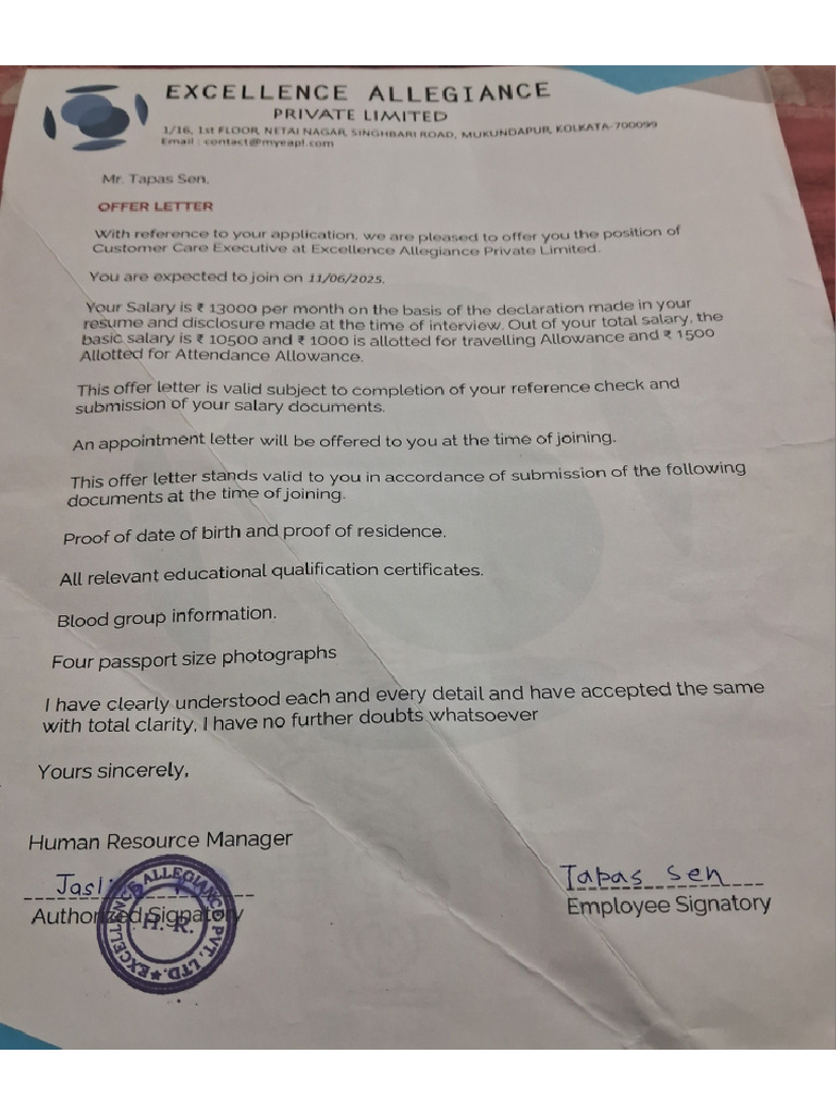 Excellence Allegiance Offer Letter | PDF