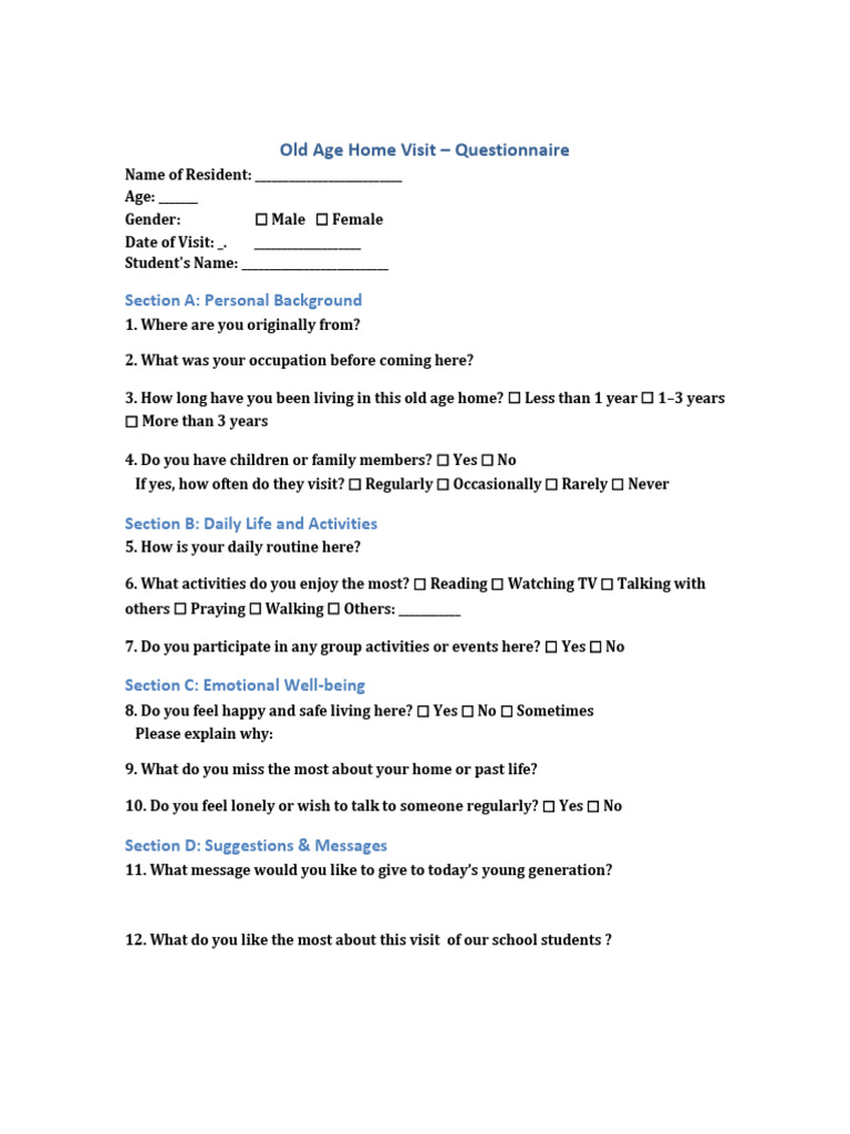 Old Age Home Resident Questionnaire | PDF