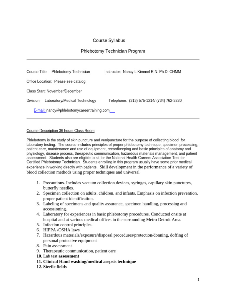 Phlebotomy Course Syllabus | PDF | Medicine | Medical Specialties