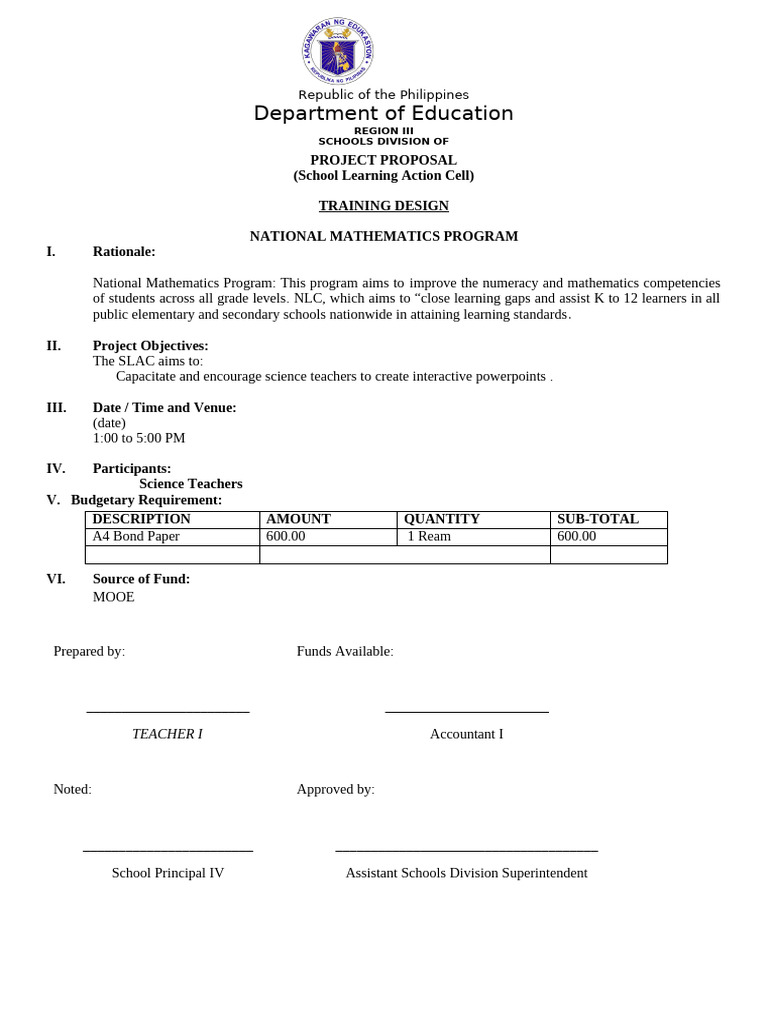 National Mathematics Program - Lac Proposal | PDF | Teachers | Learning