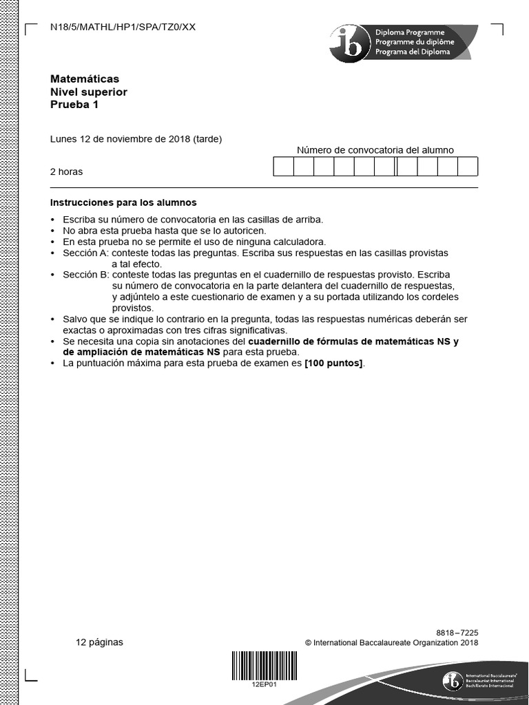 Mathematics Paper 1 HL Spanish | PDF | Matemáticas