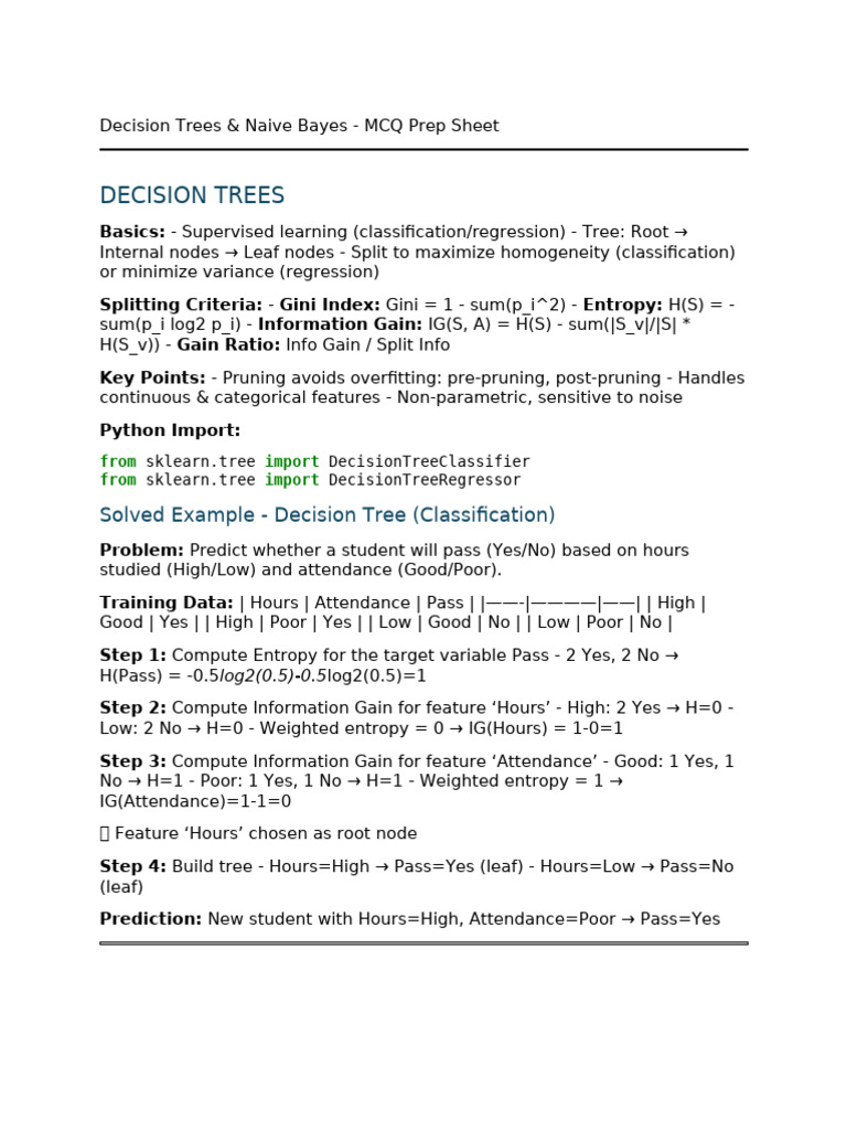 Decision Trees & Naive Bayes MCQ Guide | PDF | Statistical Theory ...