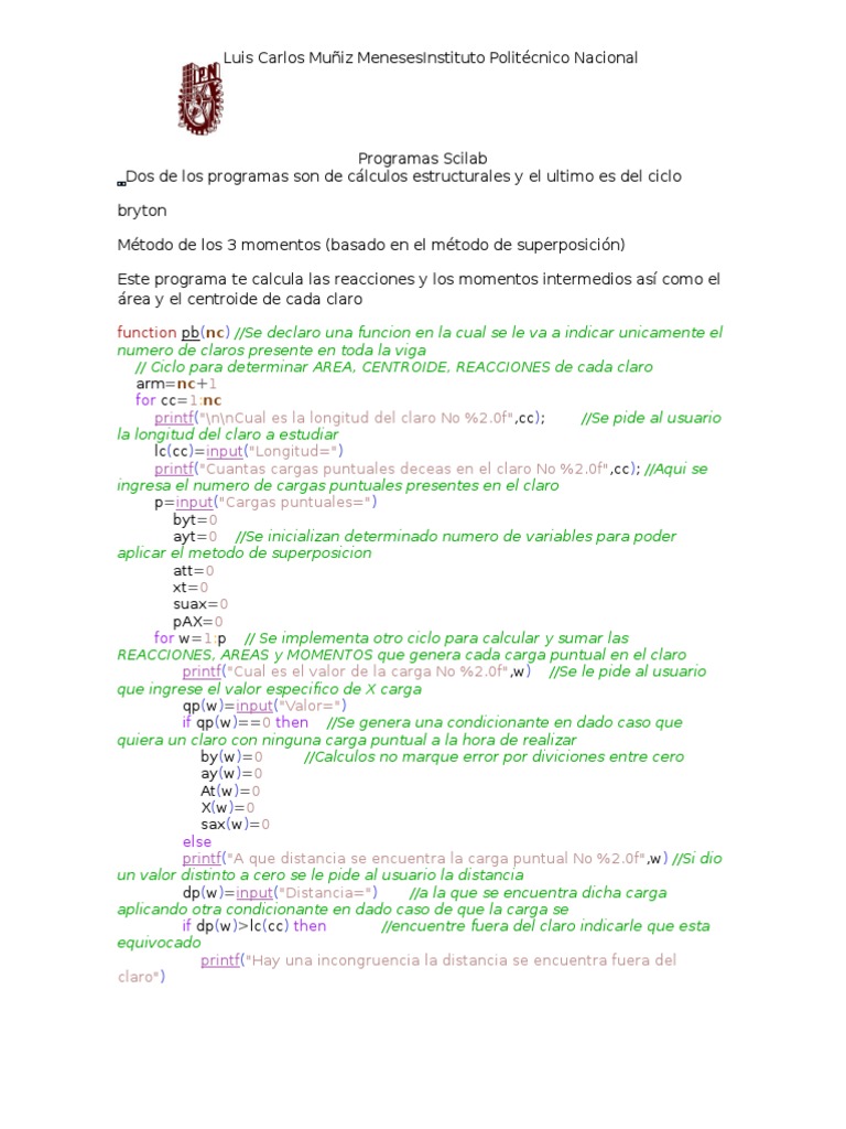 Ejemplos De Programas En Scilab Pdf Matriz Matemáticas Mecánica