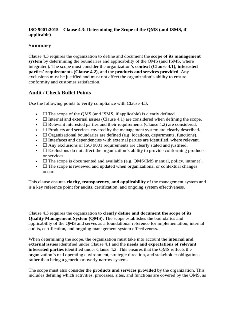 ISO 9001:2015 QMS Scope Definition Guide | PDF | Quality Management ...