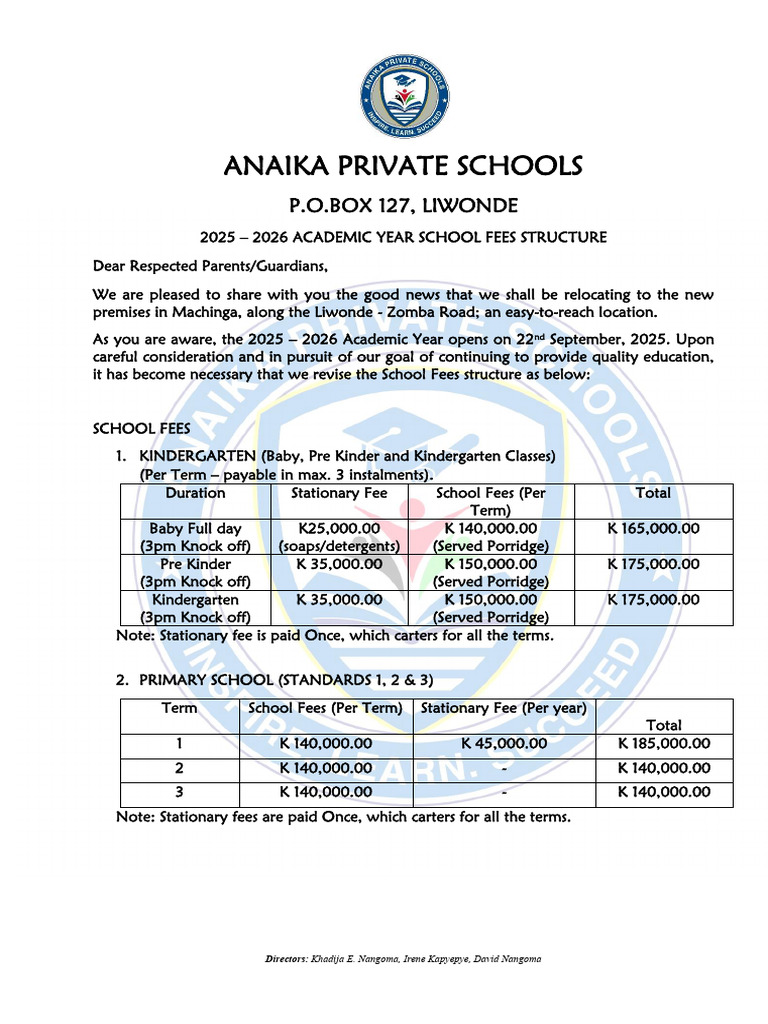 Anika Private Schools 2025-2026 Fees Structure | PDF