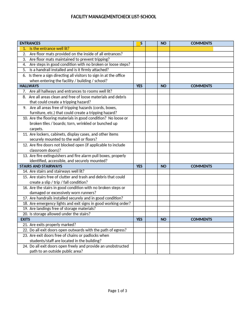 Facility Management Check List - School Building | PDF | Stairs | Door