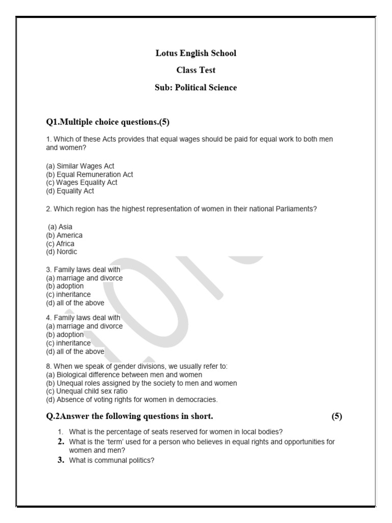 Political Science Class Test Questions | PDF