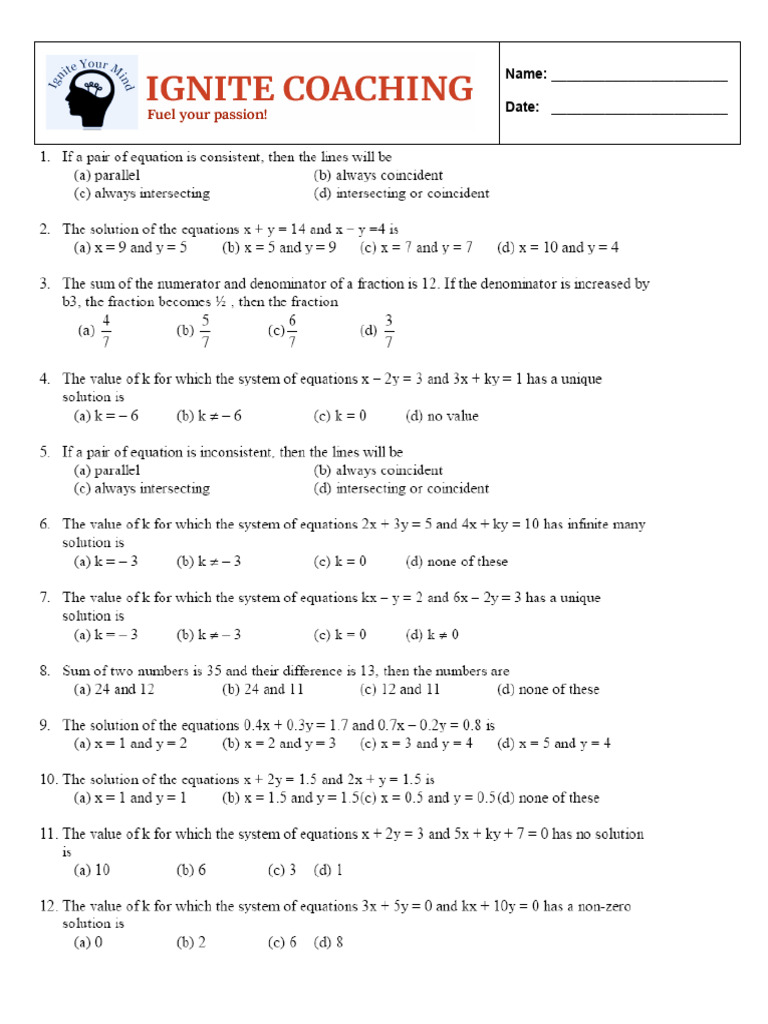 Practice Worksheet 1 - Pair of Linear Equations in Two Variables | PDF