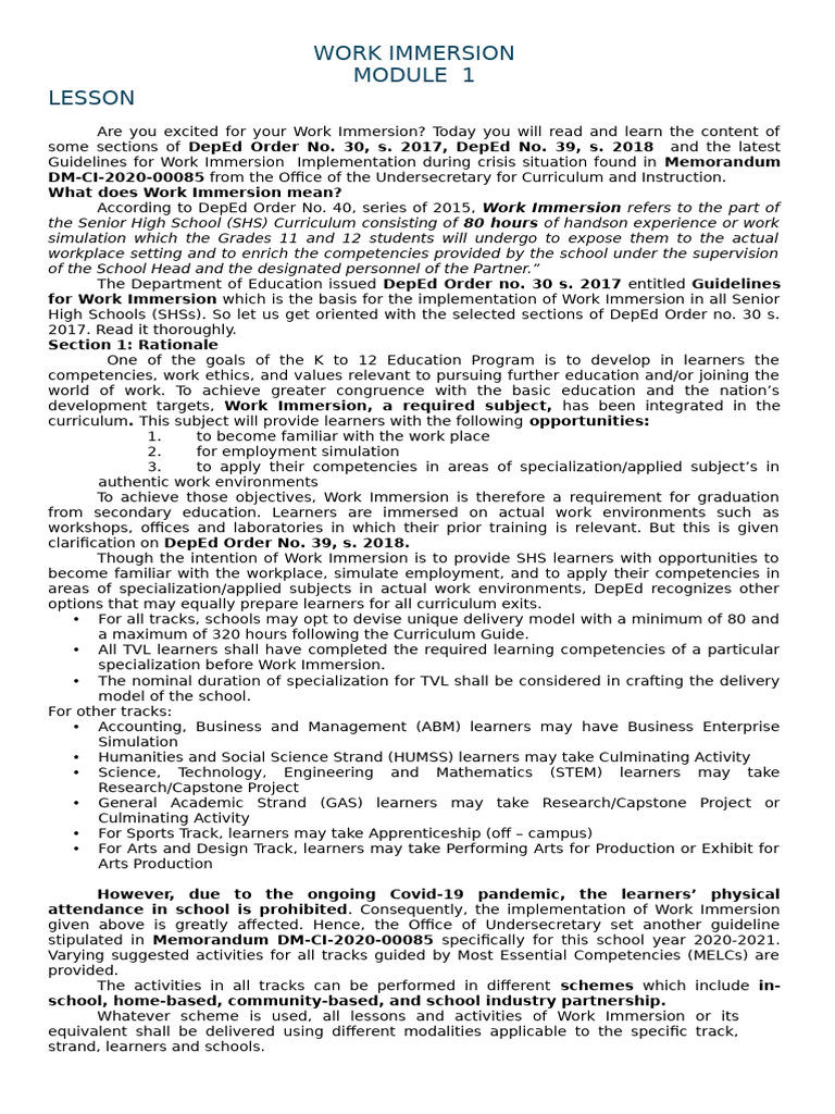 Work Immersion Guidelines for SHS Students | PDF | Personal Protective ...