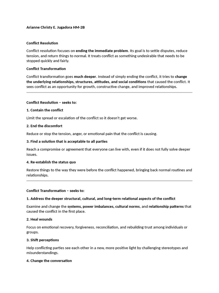 Conflict Resolution vs. Transformation Guide | PDF