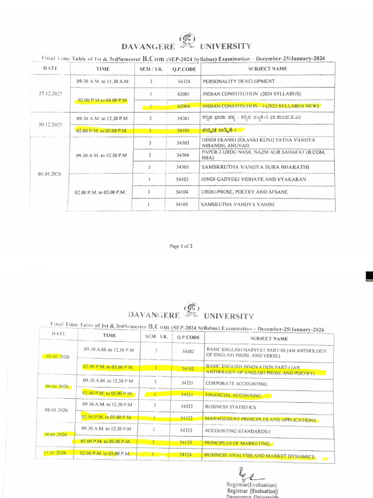 1st Sem, 1st B Com (SEP) Time Table | PDF