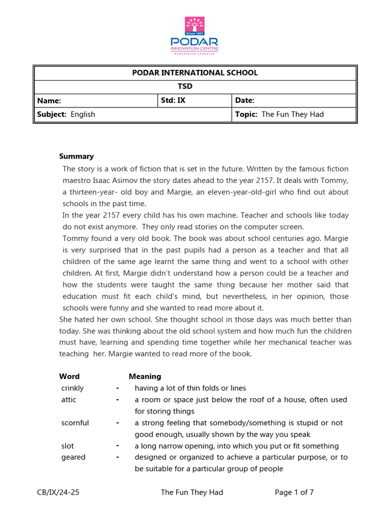 1713090161294.CB IX Eng The Fun They Had | PDF | Classroom | Teachers