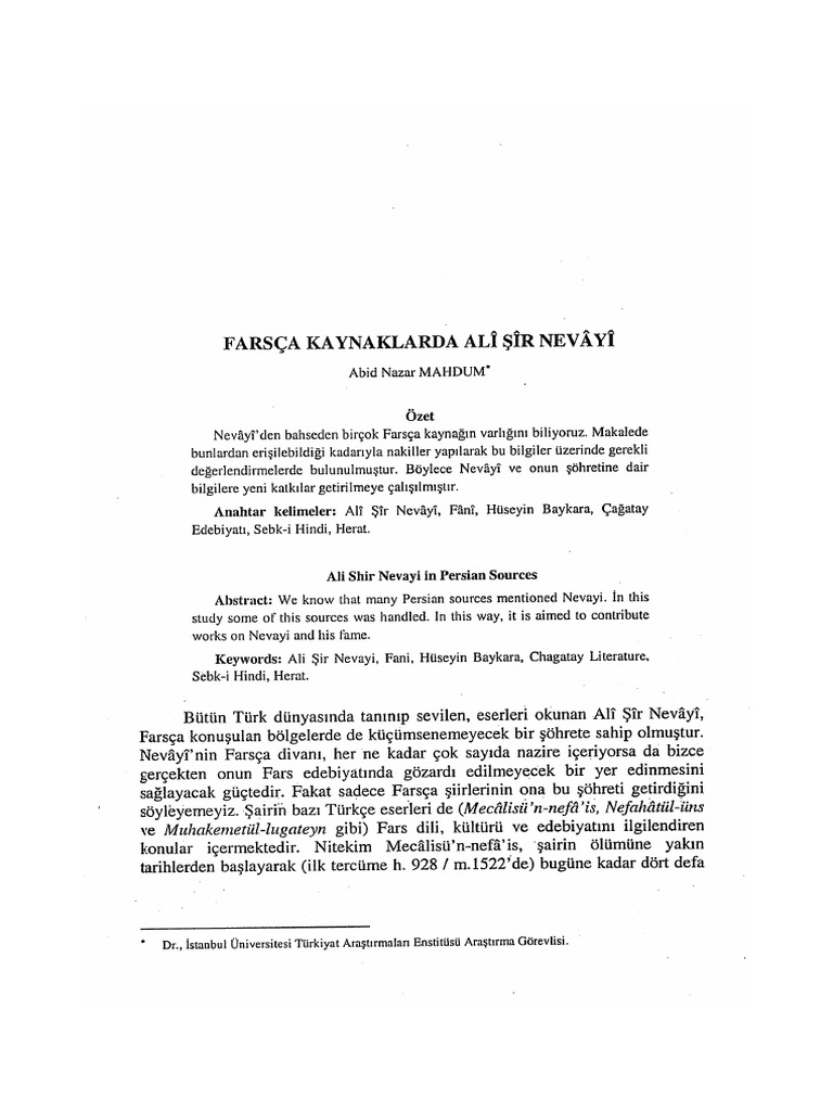 Abid Nazar Mahdum - Farsça Kaynaklarda Alî Şîr Nevâyî | PDF