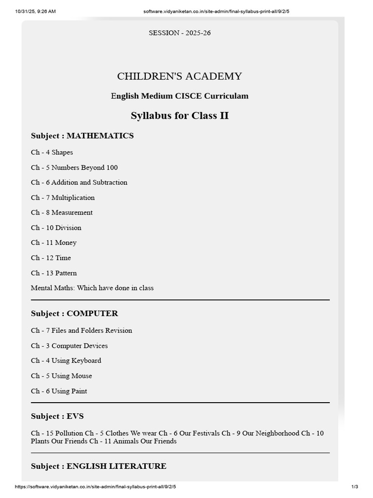 Class II Syllabus 2025-26 Overview | PDF