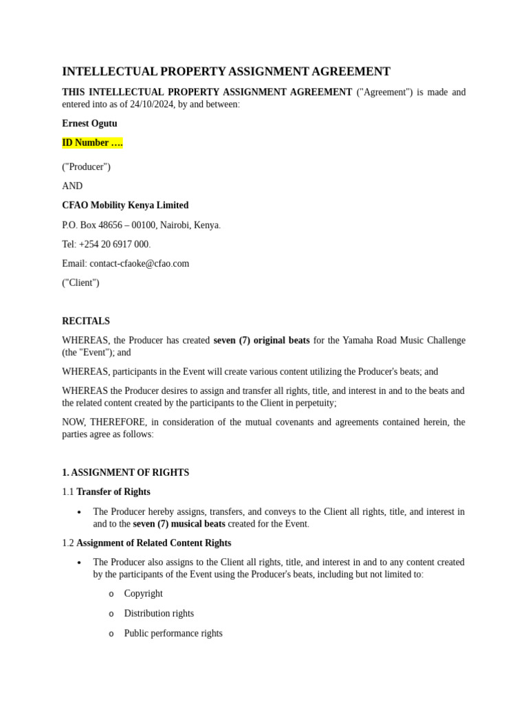 Intellectual Property Assignment Agreement | PDF | Property Law ...